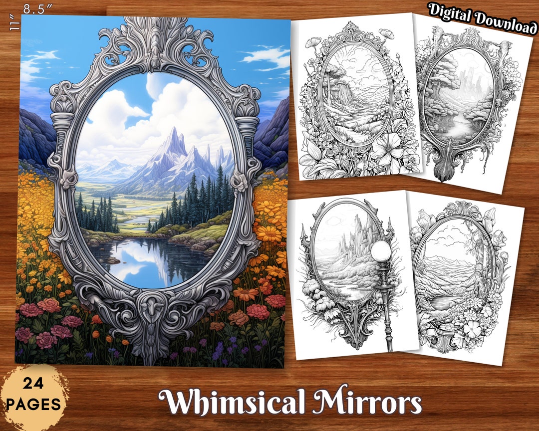 Whimsical Mirrors Adult Coloring Book Magical Landscapes - Etsy