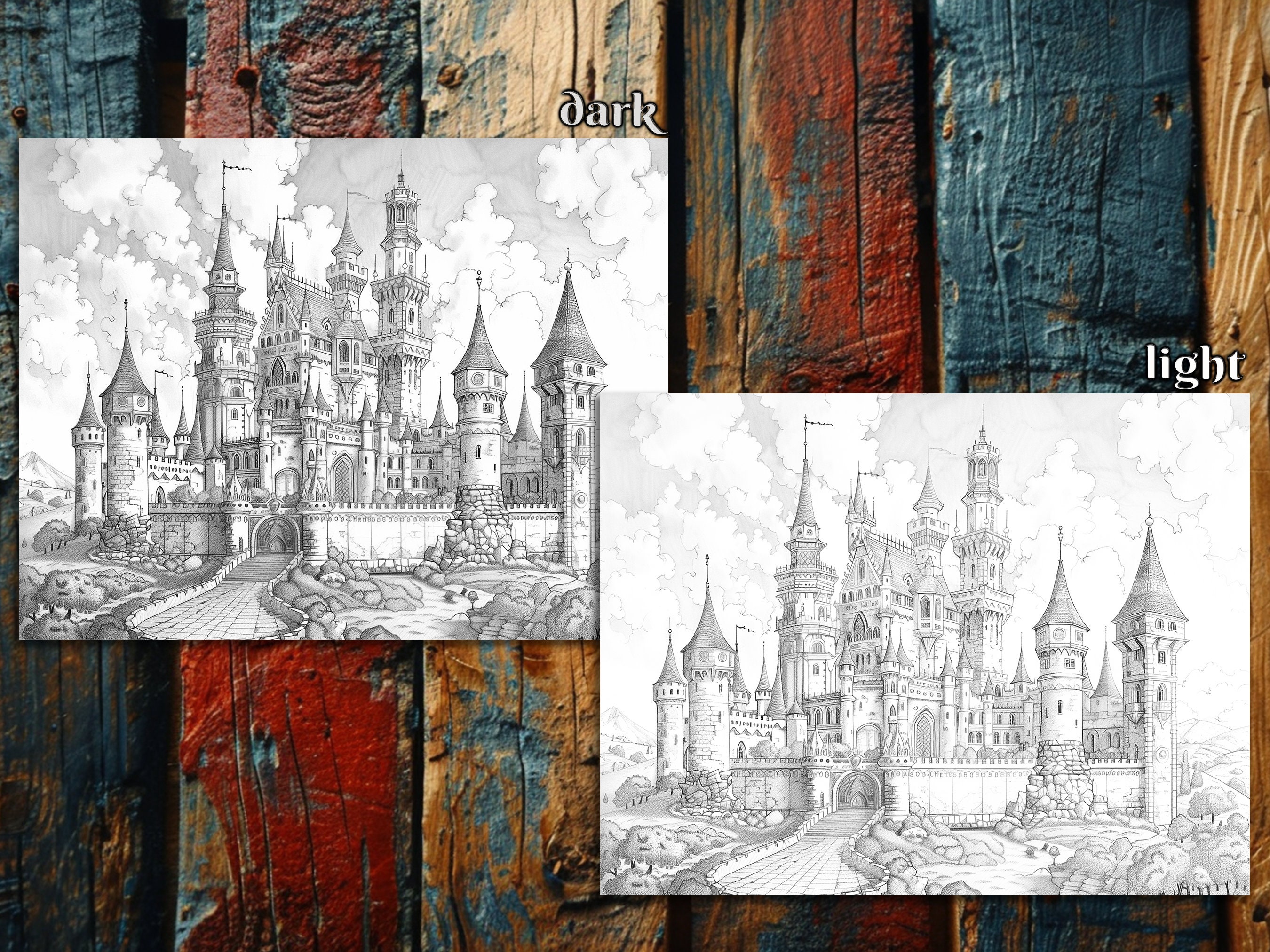 Medieval Castles Adult Coloring Pages Massive Buildings Grayscale ...