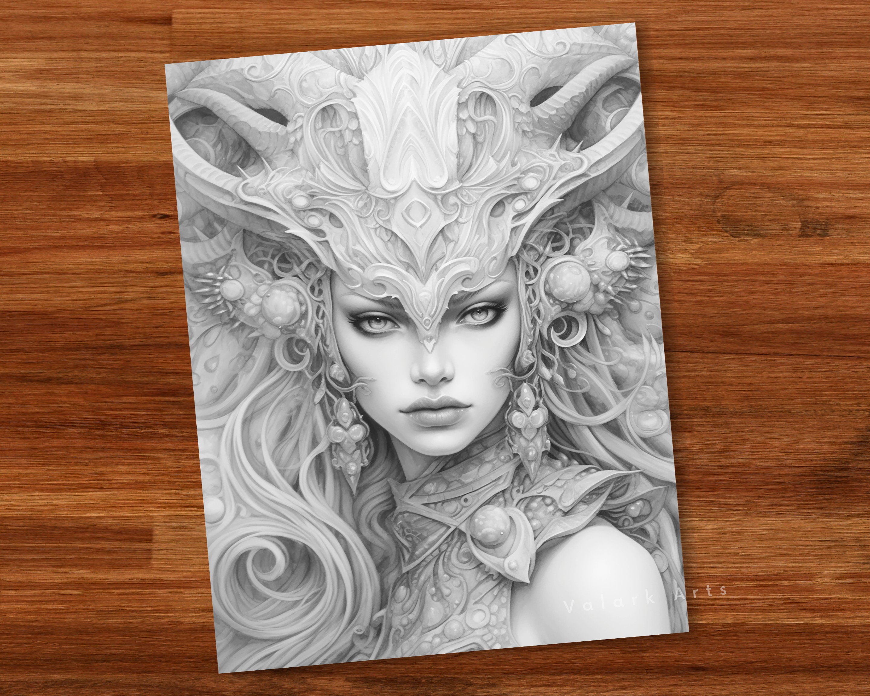 Beautiful Female Demons Adult Coloring Book Grayscale Coloring Page ...
