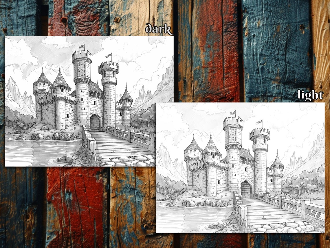 Medieval Castles Adult Coloring Pages Massive Buildings Grayscale ...