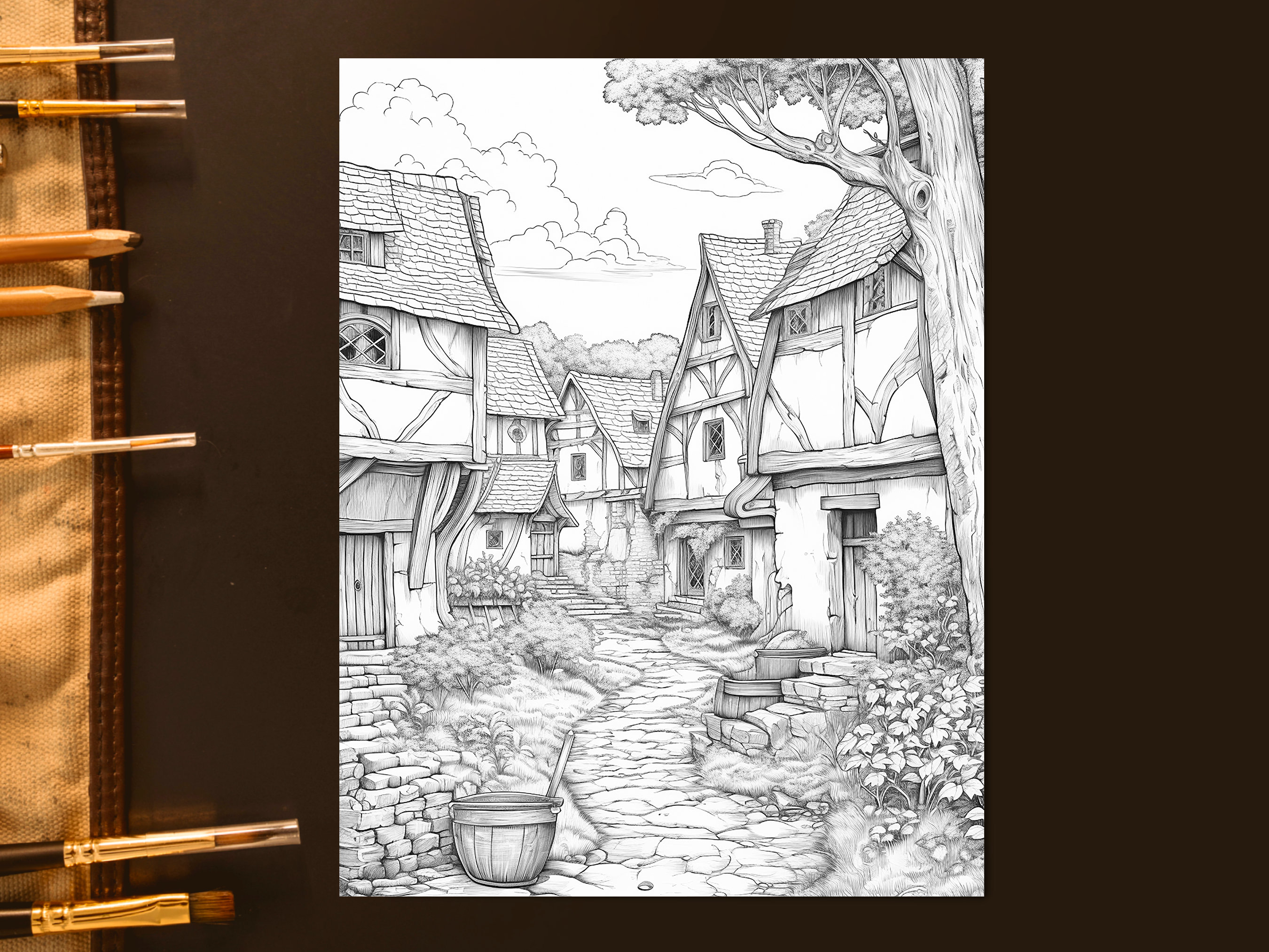 Medieval Village Adult Coloring Book Beautiful Landscapes Grayscale ...