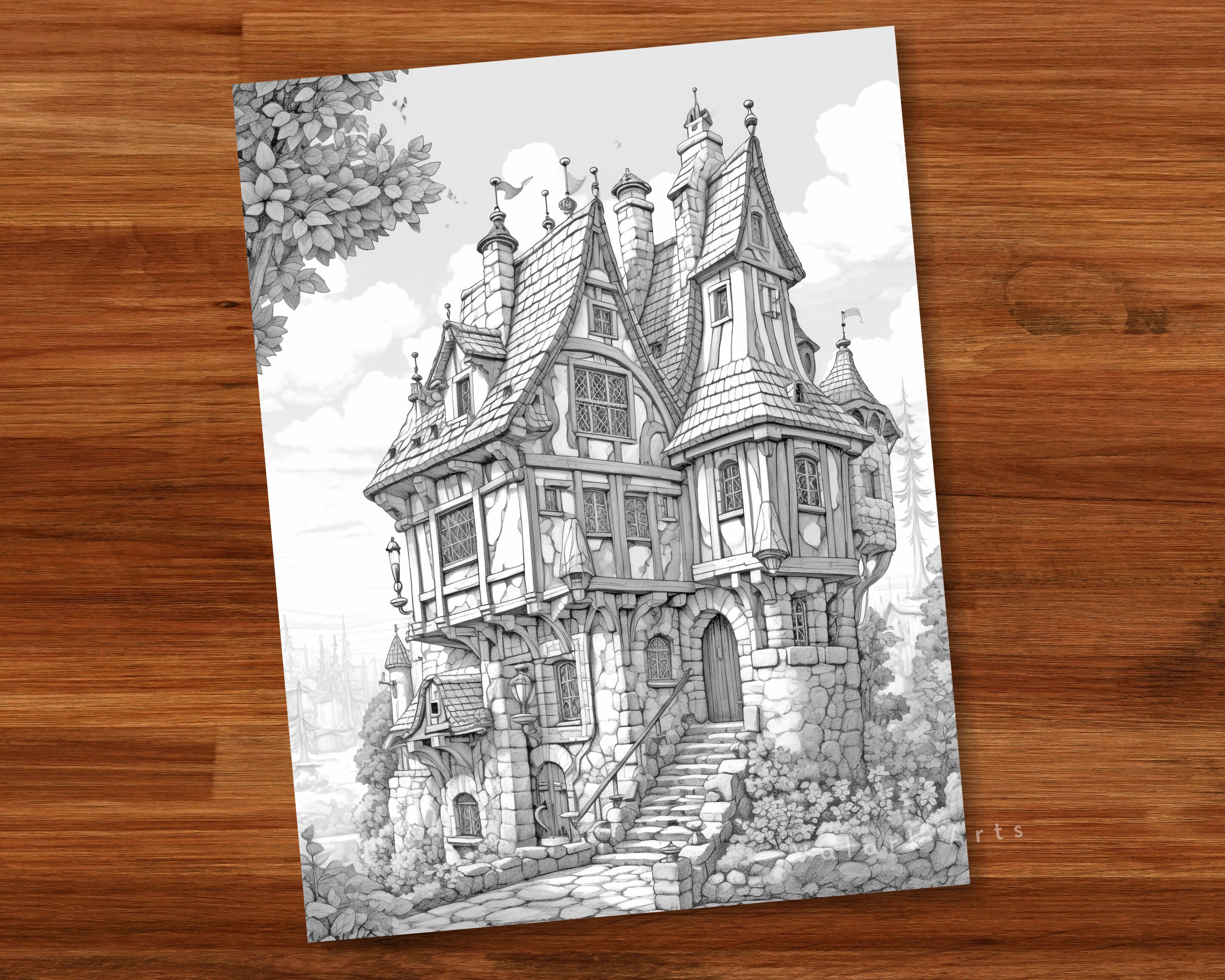 Traditional Houses Adult Coloring Book Beautiful Landscapes Grayscale ...