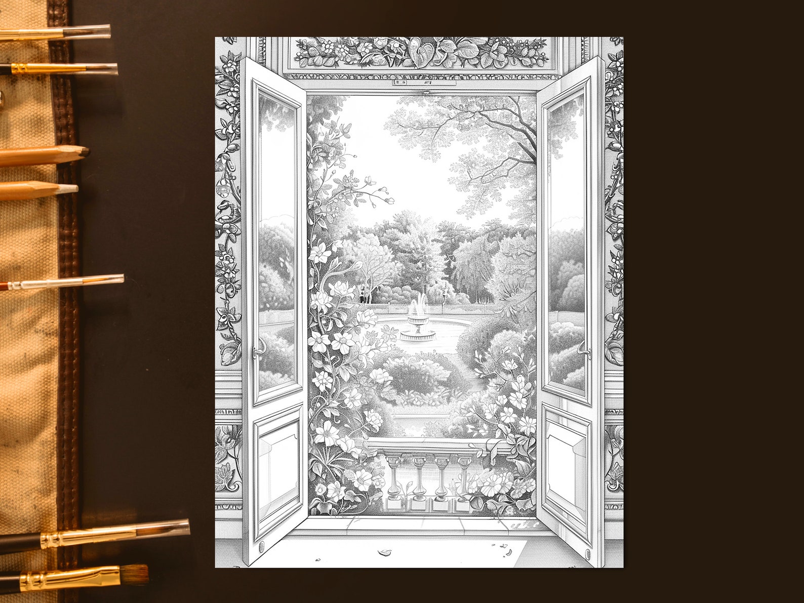 Window Landscapes Adult Coloring Pages, Nature Scenery Grayscale ...
