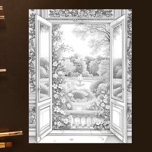 Window Landscapes Adult Coloring Pages, Nature Scenery Grayscale ...