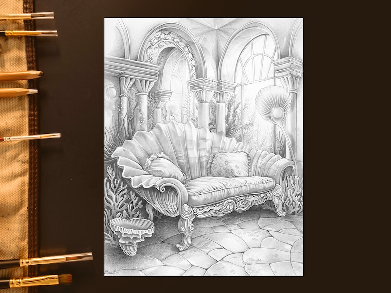 Mermaid Magical Rooms Adult Coloring Pages, Enchanted Interior ...