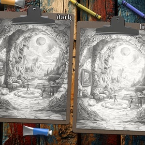 Fantasy Rooms Adult Coloring Pages, Enchanted Interior Grayscale ...