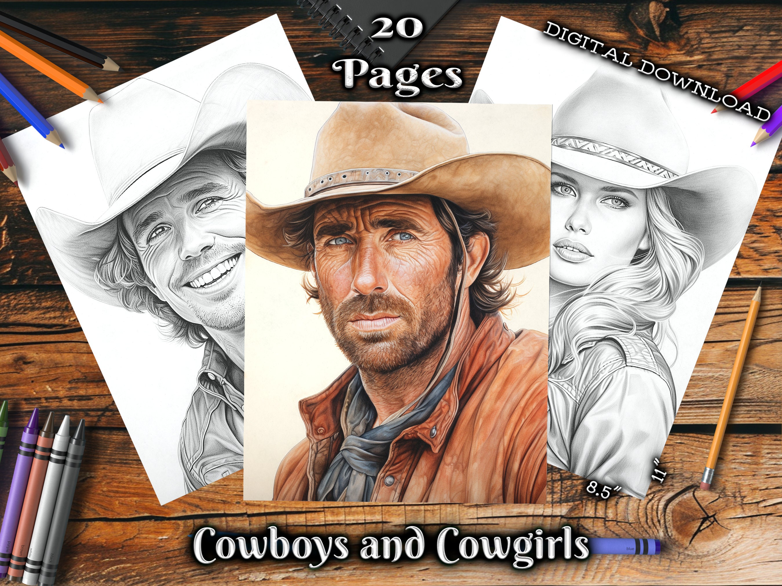 Cowboys and Cowgirls Adult Coloring Pages Grayscale Portraits Coloring ...