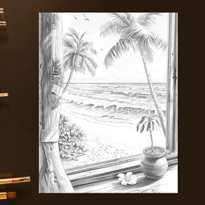 Window Landscapes Adult Coloring Pages, Nature Scenery Grayscale ...