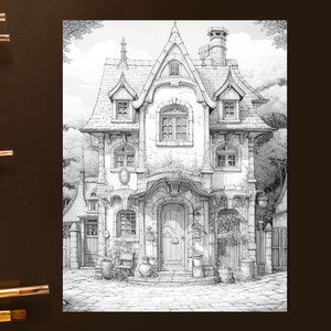 Traditional Houses Adult Coloring Book Beautiful Landscapes Grayscale ...