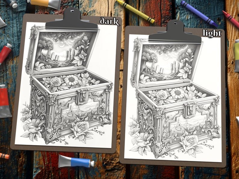 Whimsical Treasure Chests Adult Coloring Pages, Magical Worlds and ...