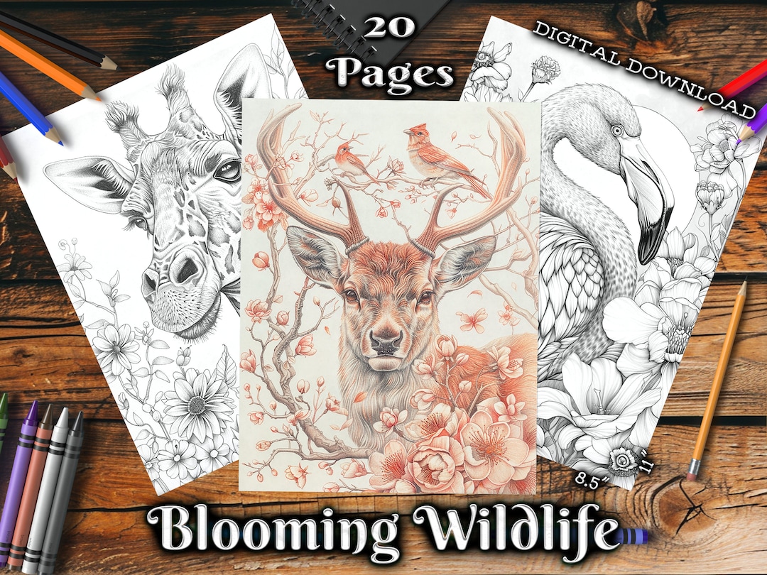 Blooming Wildlife Adult Coloring Pages, Flowers Nature Grayscale ...