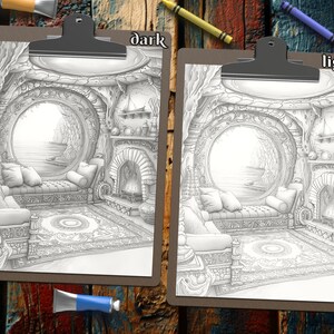 Fantasy Rooms Adult Coloring Pages, Enchanted Interior Grayscale ...