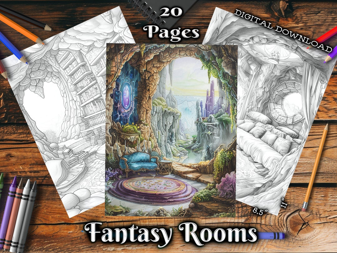 Fantasy Rooms Adult Coloring Pages, Enchanted Interior Grayscale ...
