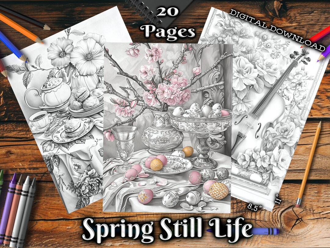 Spring Still Life Adult Coloring Book Beautiful Flowers Grayscale ...