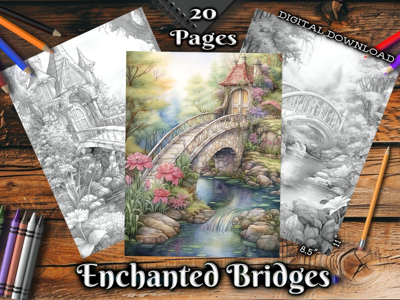 Enchanted Bridges Adult Coloring Pages Fantasy Landscapes Grayscale ...