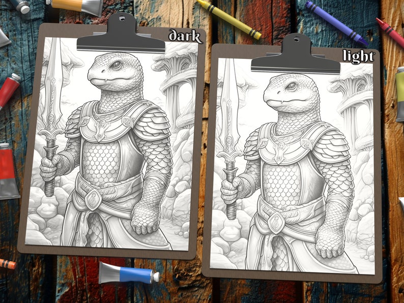 Animal Knights Adult Coloring Pages, Whimsical Grayscale Coloring Book ...