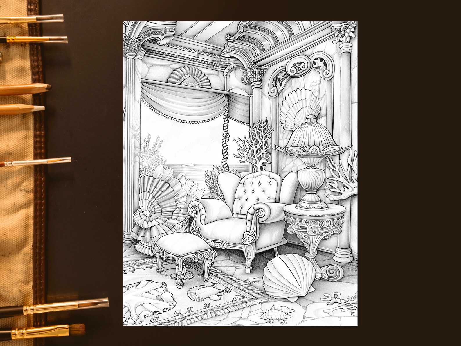 Mermaid Magical Rooms Adult Coloring Pages, Enchanted Interior ...