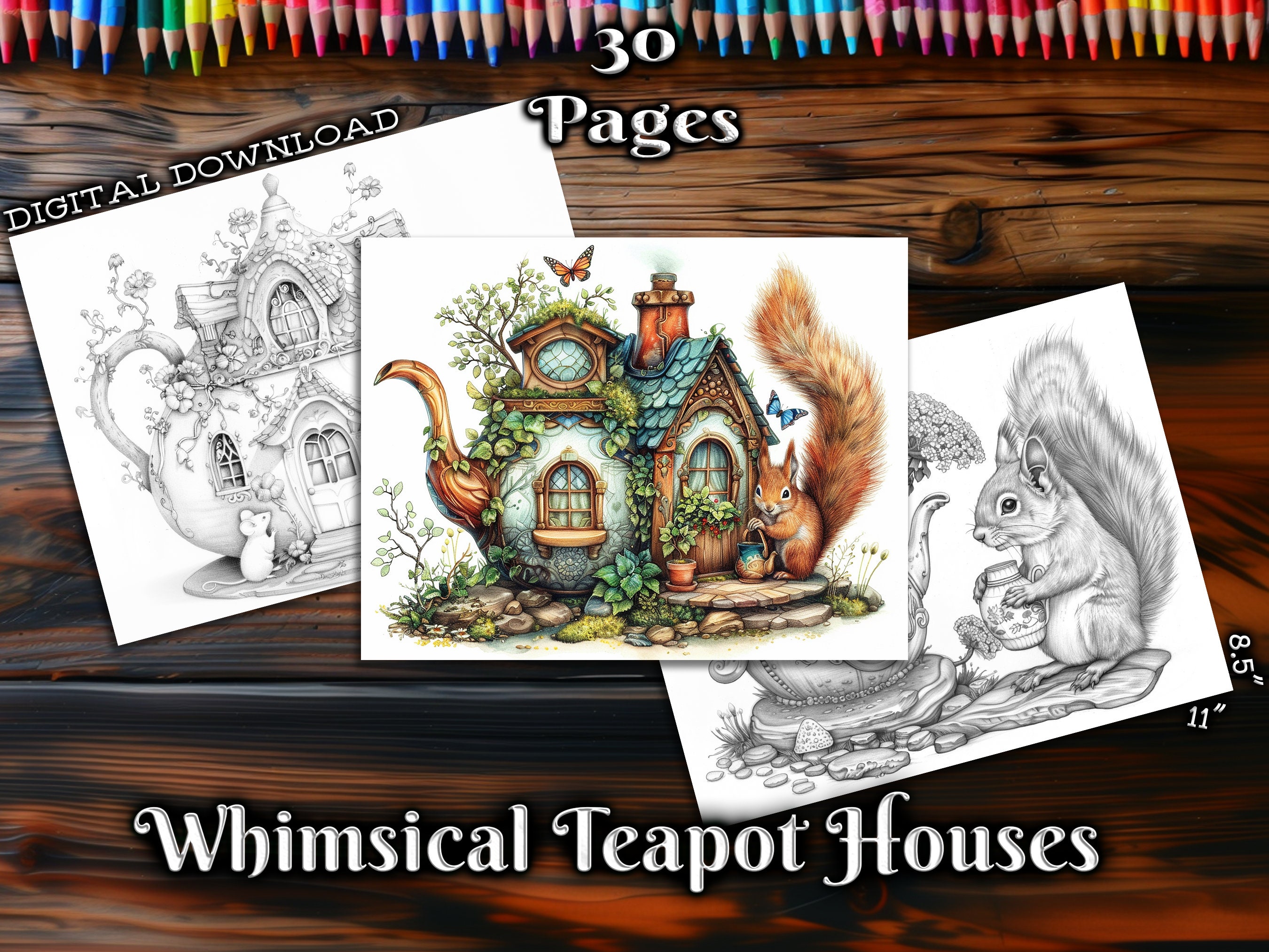 Whimsical Teapot Houses Adult Coloring Pages, Fantasy Cottages ...