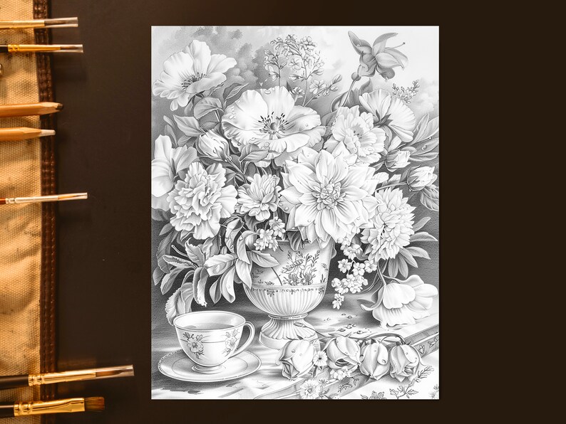 Spring Still Life Adult Coloring Book Beautiful Flowers Grayscale ...