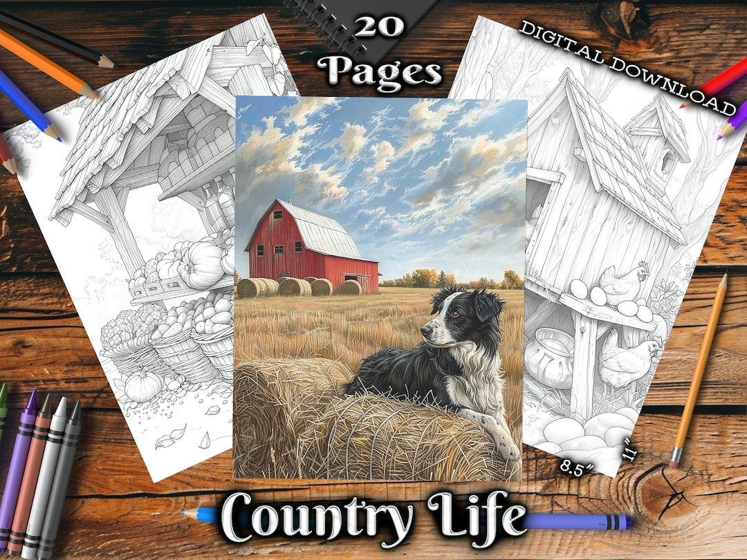 Country Life Adult Coloring Pages, Nature Landscapes Grayscale Coloring ...