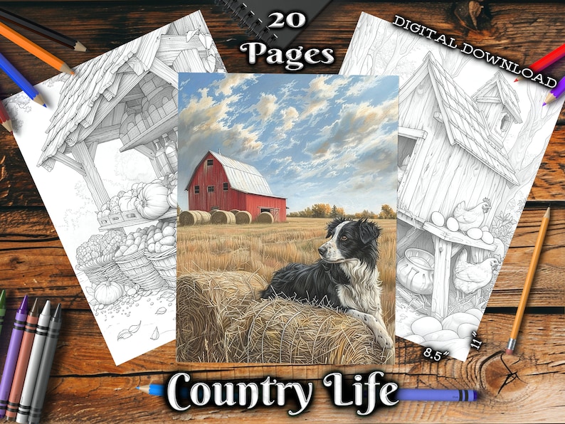 Country Life Adult Coloring Pages, Nature Landscapes Grayscale Coloring ...