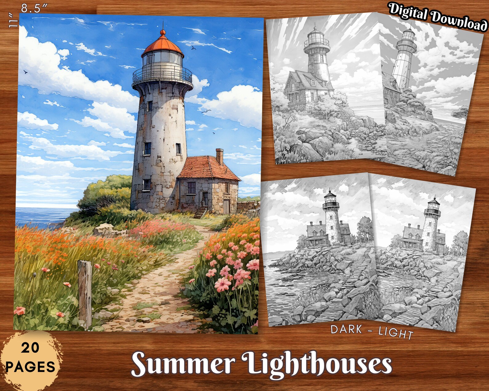 Summer Lighthouses Adult Coloring Book Beautiful Landscapes Grayscale ...