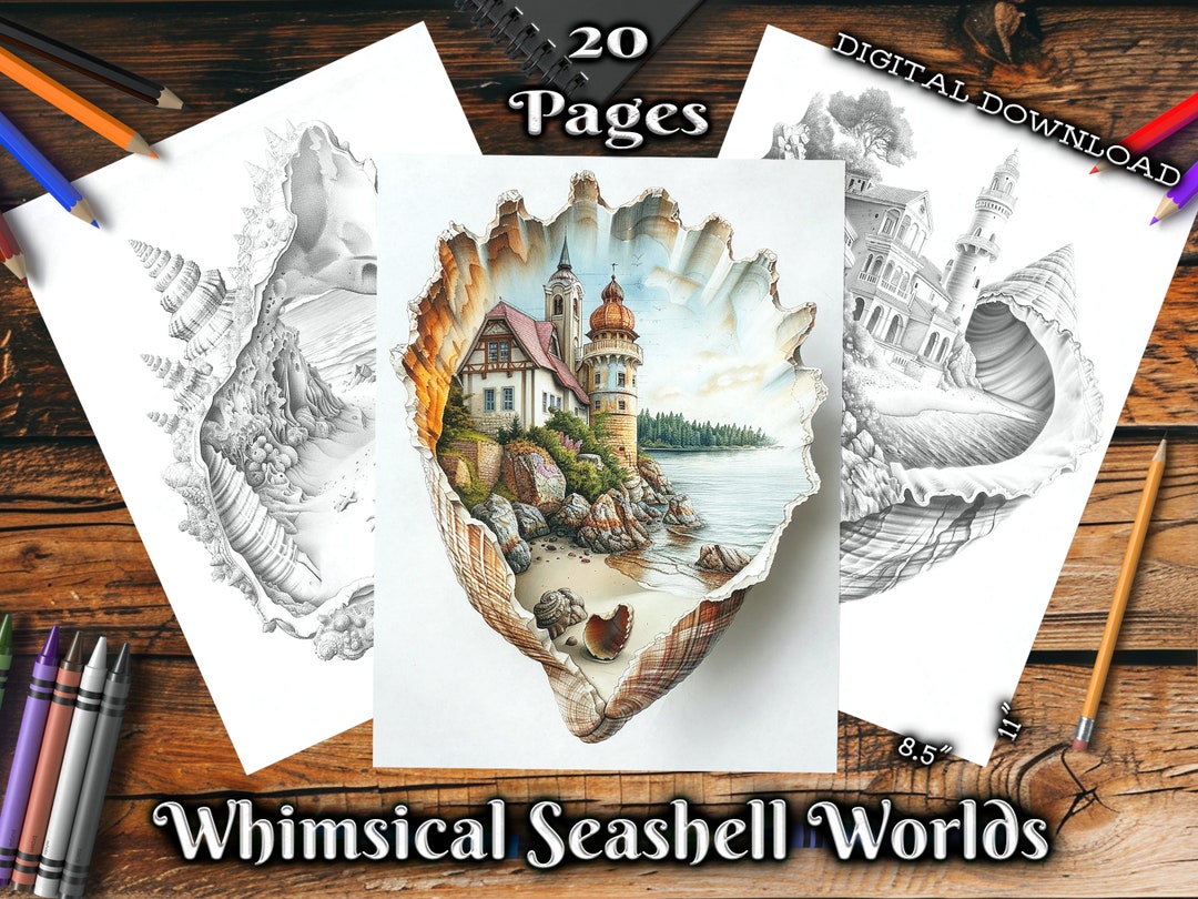 Whimsical Seashell Worlds Adult Coloring Pages, Magical Landscapes ...