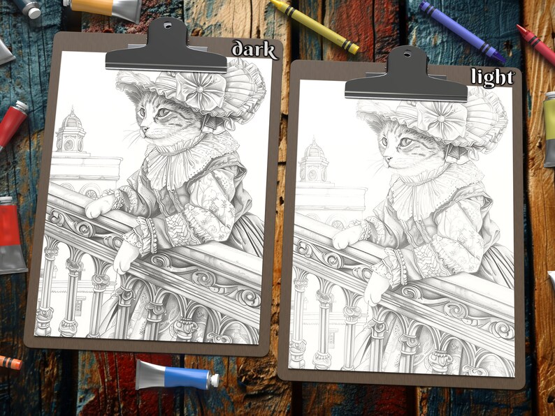 Victorian Cats Coloring Pages, Grayscale Whimsical Animal Portraits ...