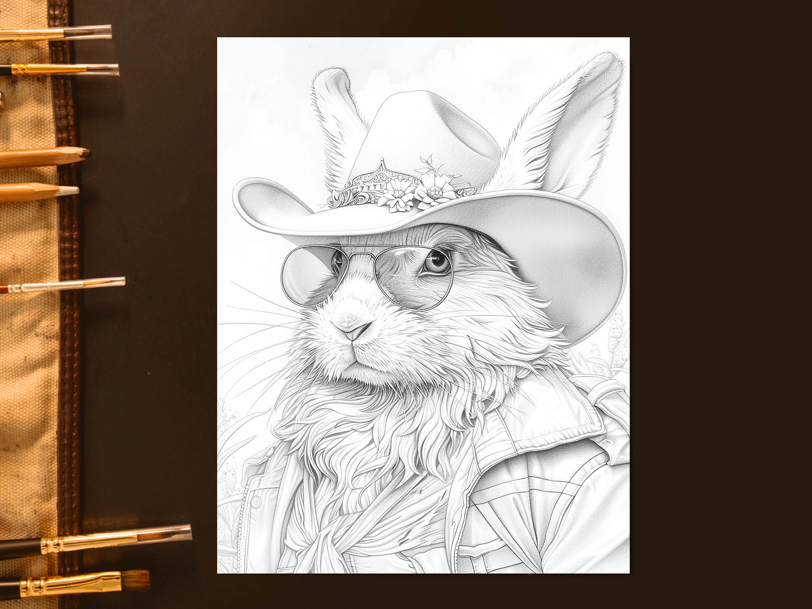 Wild West Pets Adult Coloring Pages, Cowboy Animals Grayscale Coloring ...