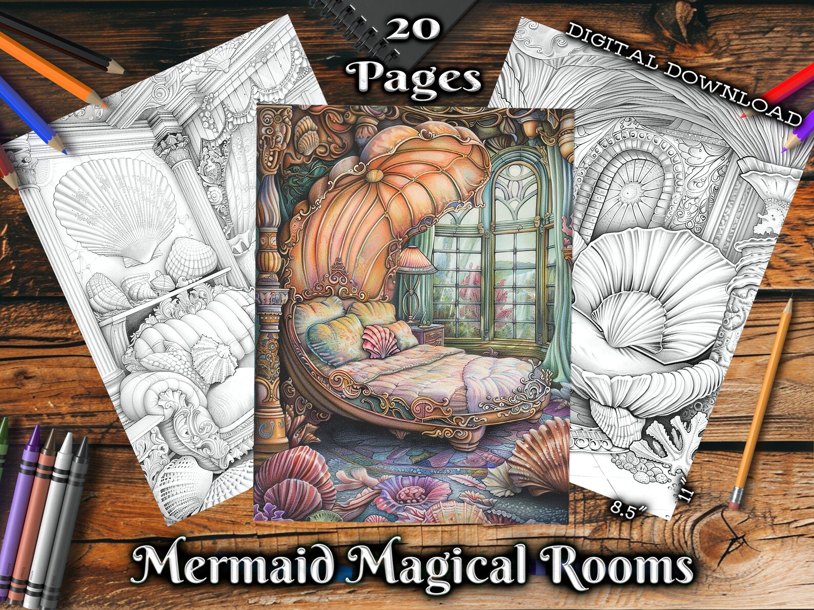 Mermaid Magical Rooms Adult Coloring Pages, Enchanted Interior ...