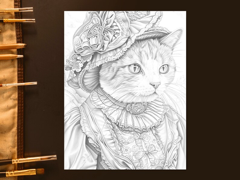 Victorian Cats Coloring Pages, Grayscale Whimsical Animal Portraits ...