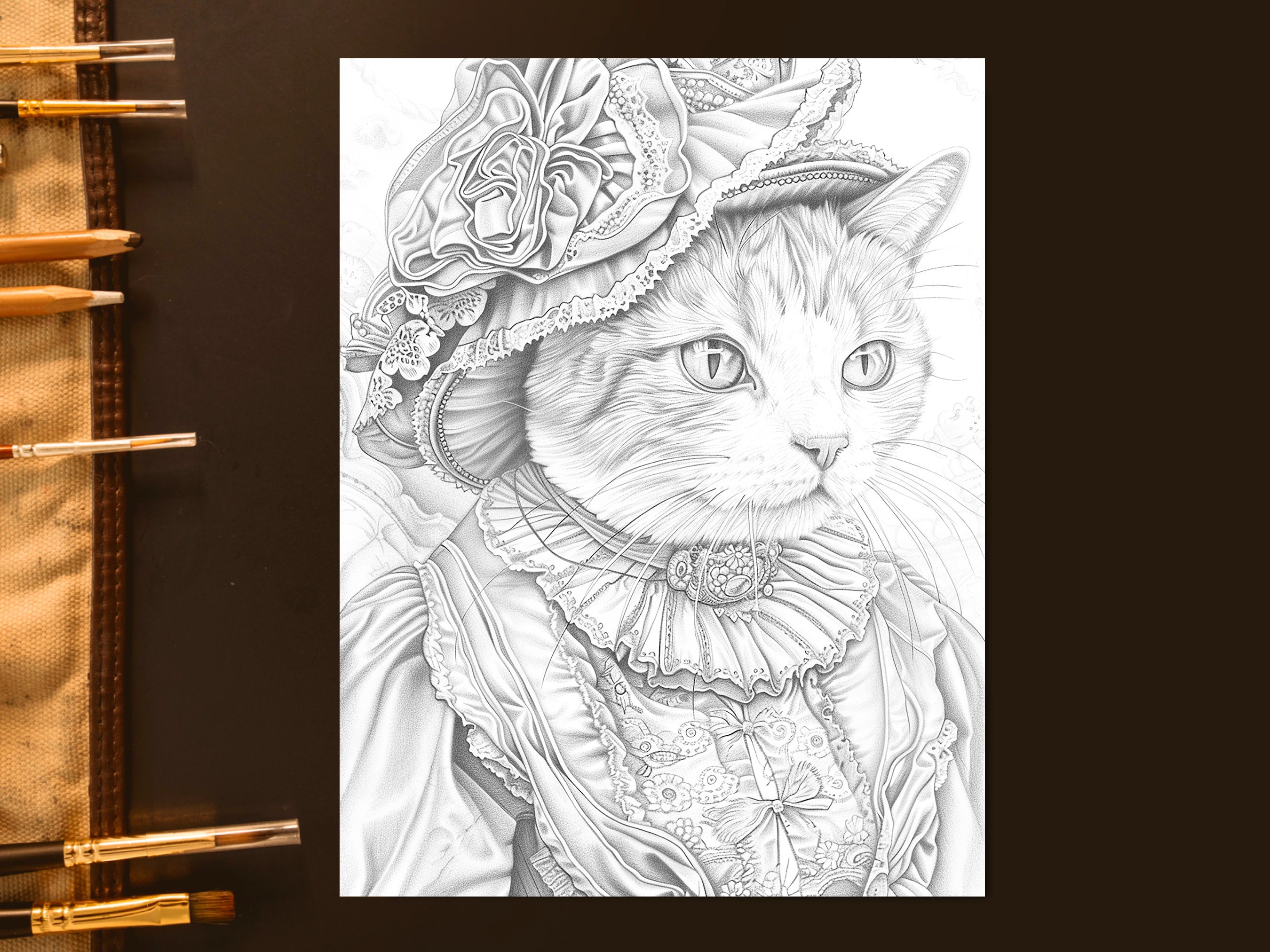 Victorian Cats Coloring Pages, Grayscale Whimsical Animal Portraits ...