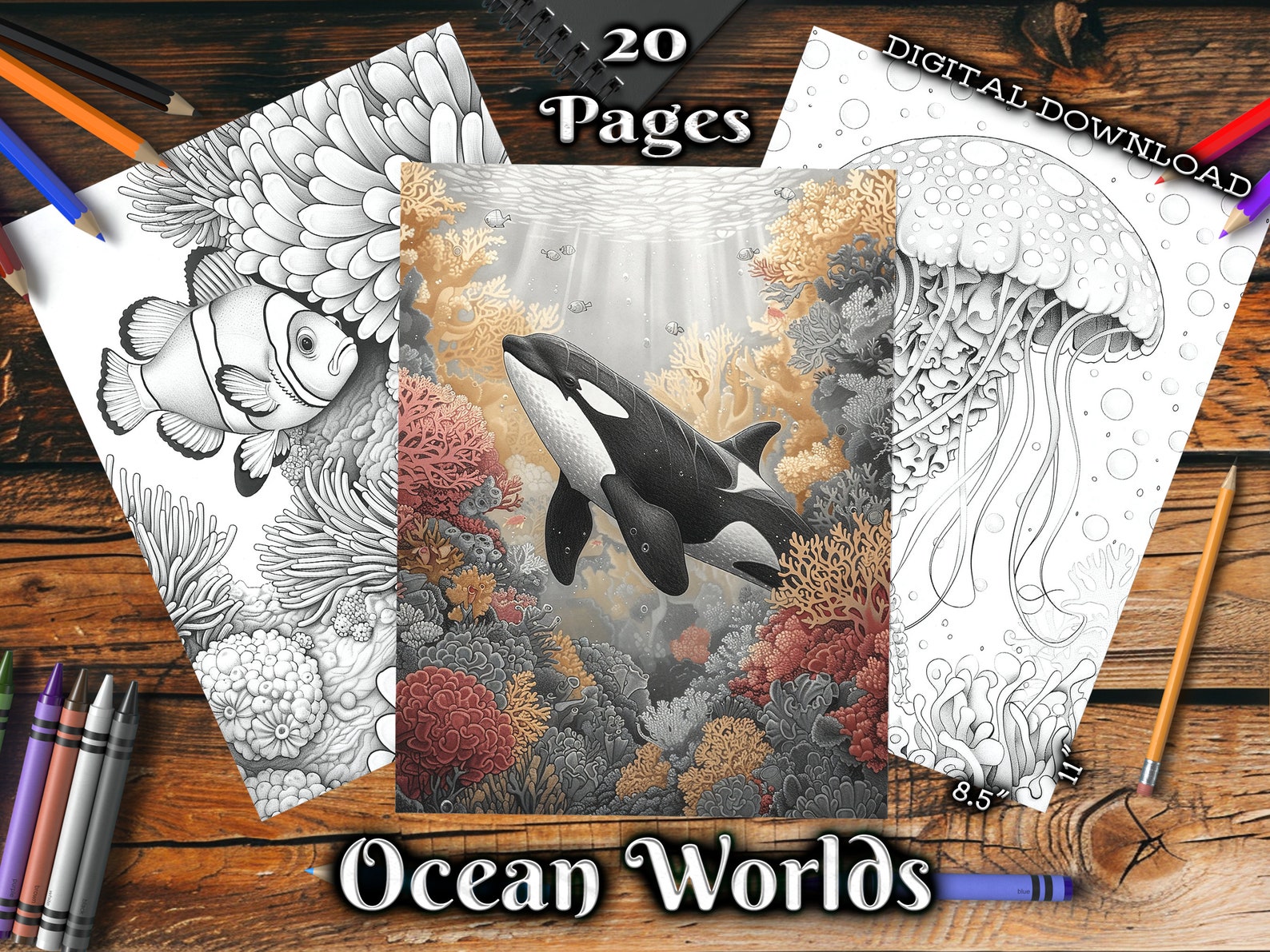 Ocean Worlds Adult Coloring Pages, Nature Wildlife Landscape Grayscale ...