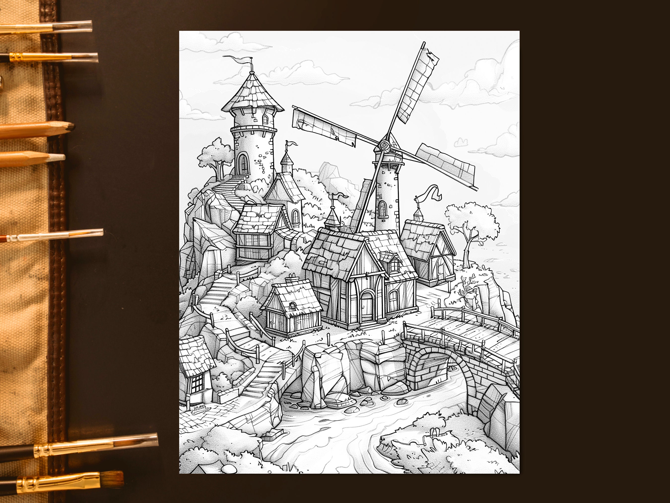 Isometric Medieval Villages Adult Grayscale Coloring Pages Top View ...