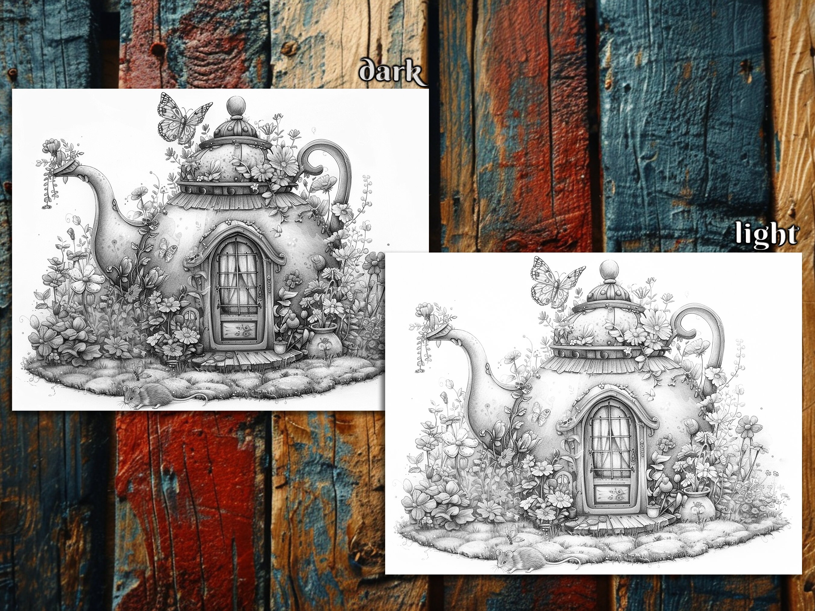 Whimsical Teapot Houses Adult Coloring Pages, Fantasy Cottages ...