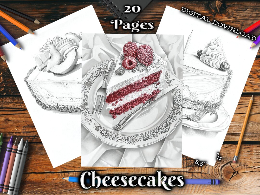 Cheesecakes Adult Coloring Pages, Pastry Grayscale Coloring Book ...