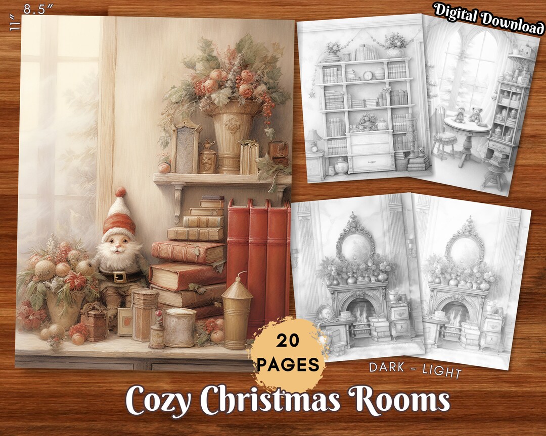 Cozy Christmas Rooms Adult Coloring Book Vintage Grayscale Coloring ...