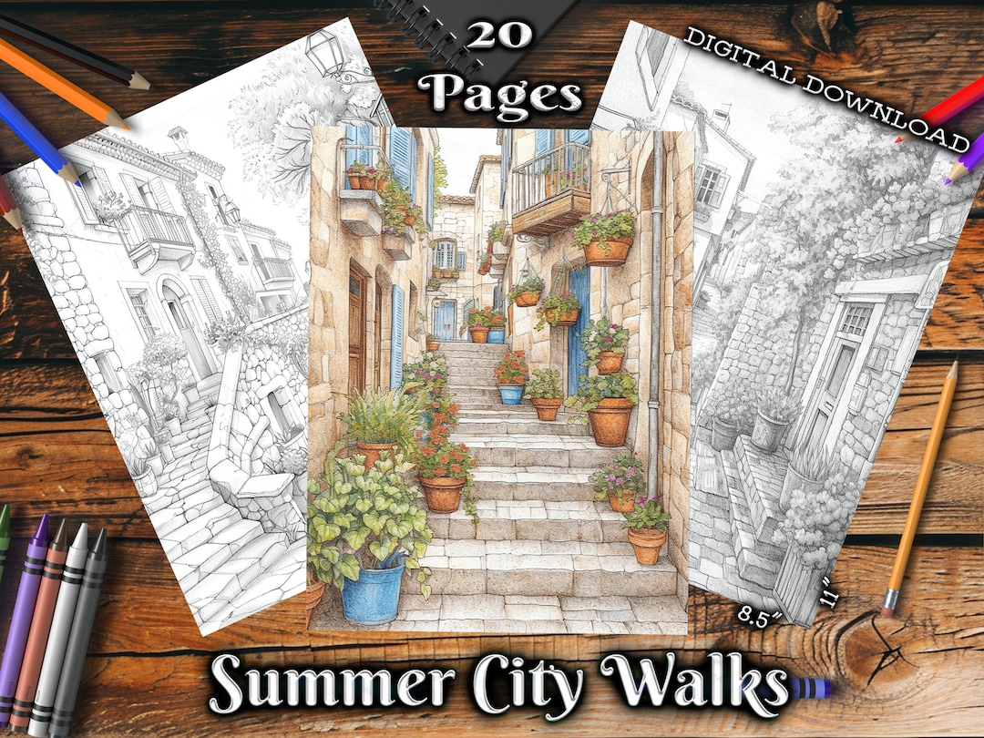 Summer City Walks Adult Coloring Pages, Beautiful Alleys Grayscale ...