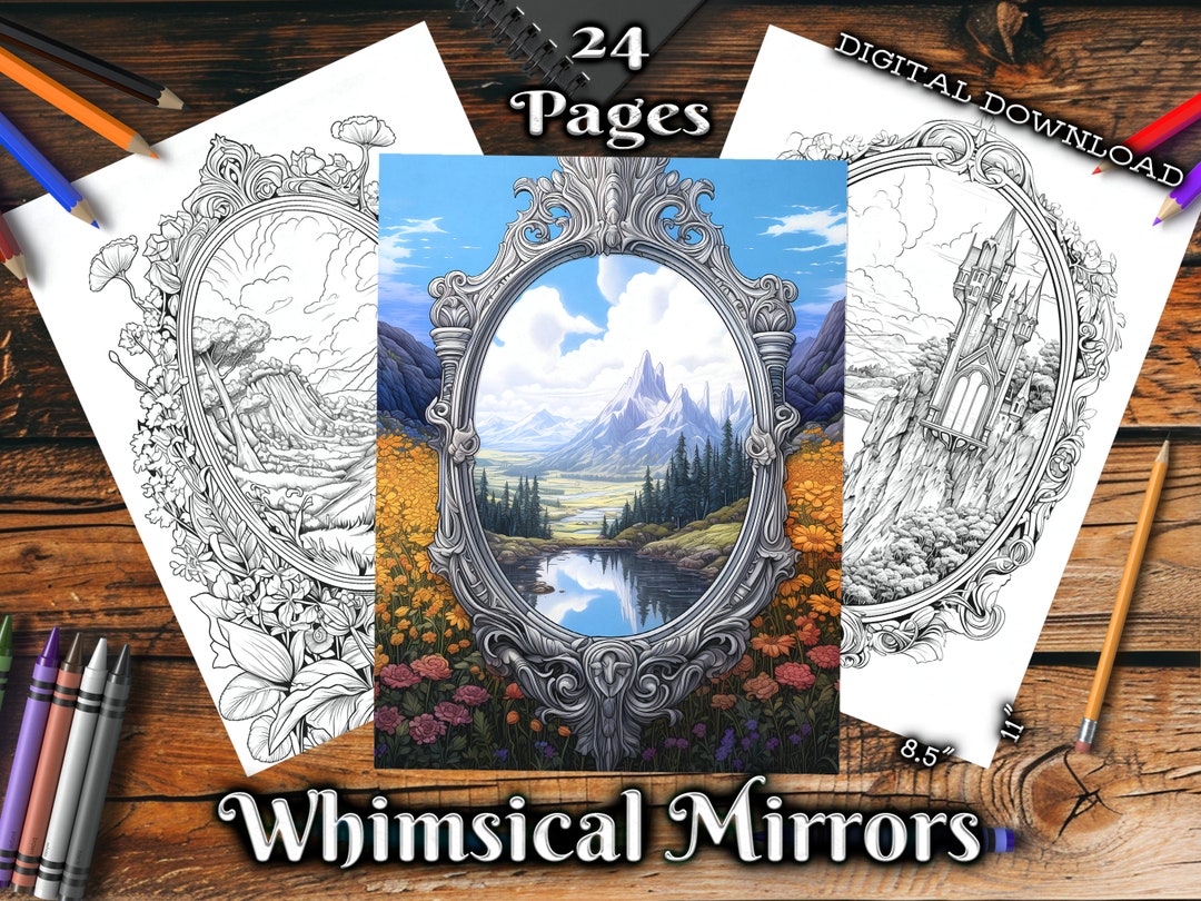Whimsical Mirrors Adult Coloring Book Magical Landscapes Grayscale ...