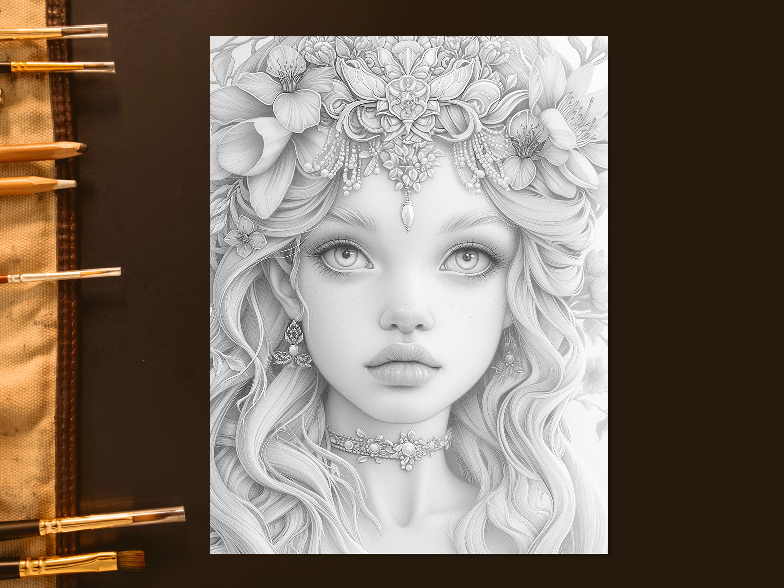 Flower Princesses Adult Coloring Pages Whimsical Women Grayscale ...