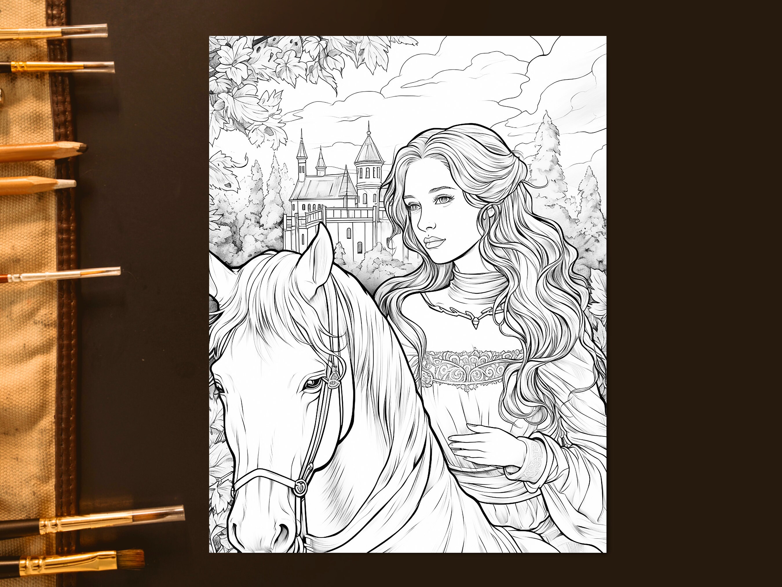 Medieval Women Adult Coloring Pages, Beautiful Girls Grayscale Coloring ...