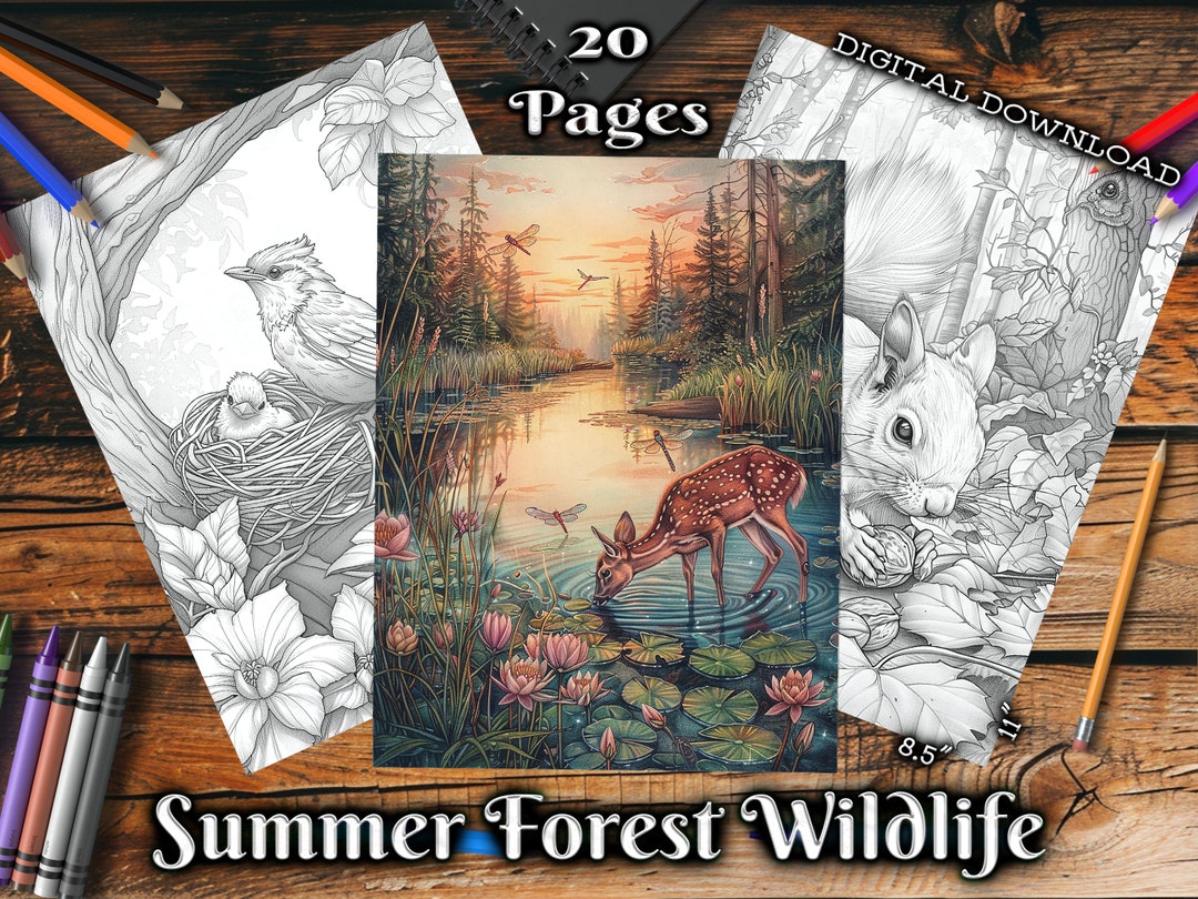 Summer Forest Wildlife Adult Coloring Pages, Nature Landscape Grayscale ...