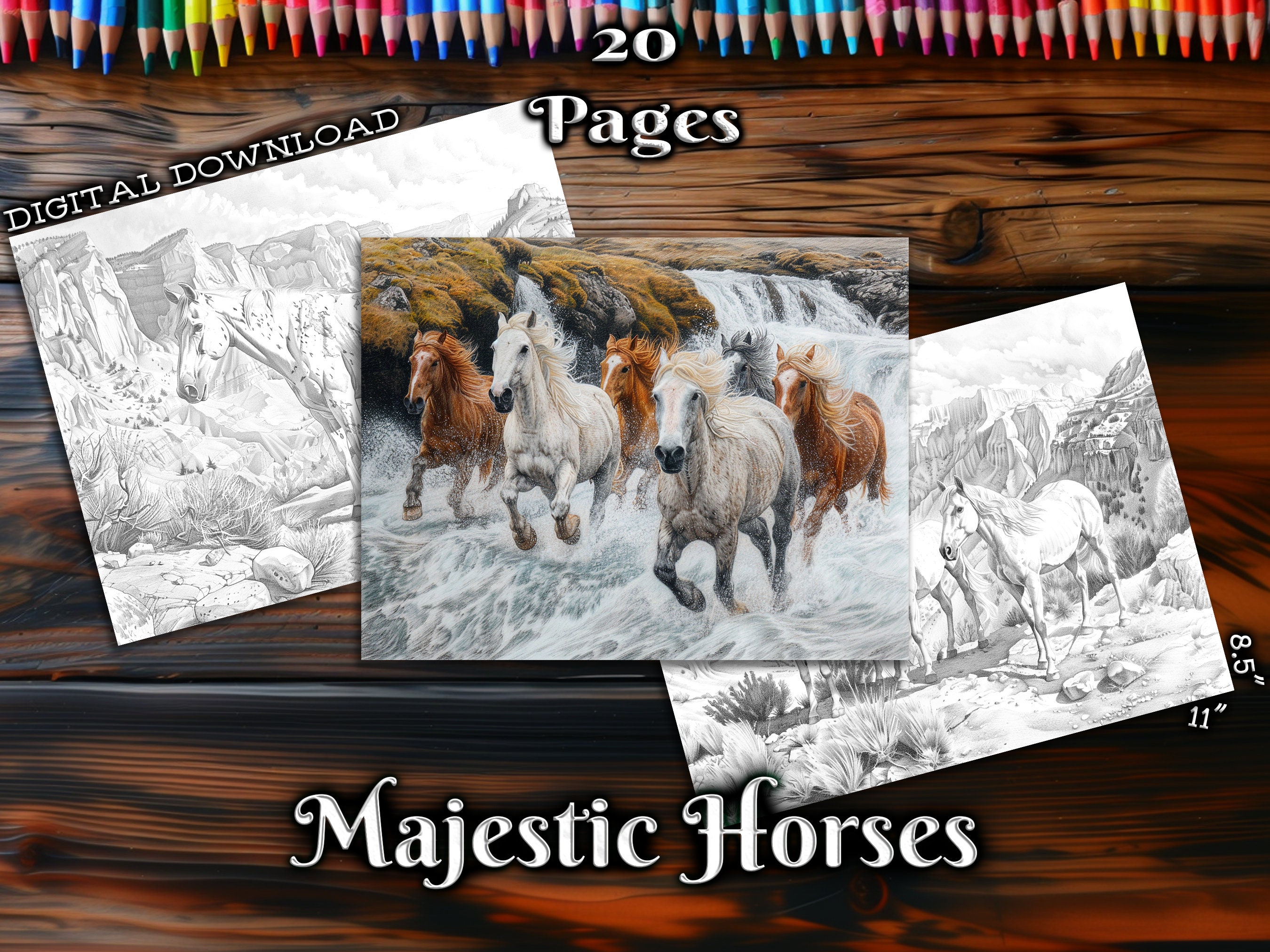 Majestic Horses Adult Coloring Pages, Animal Landscapes Grayscale ...