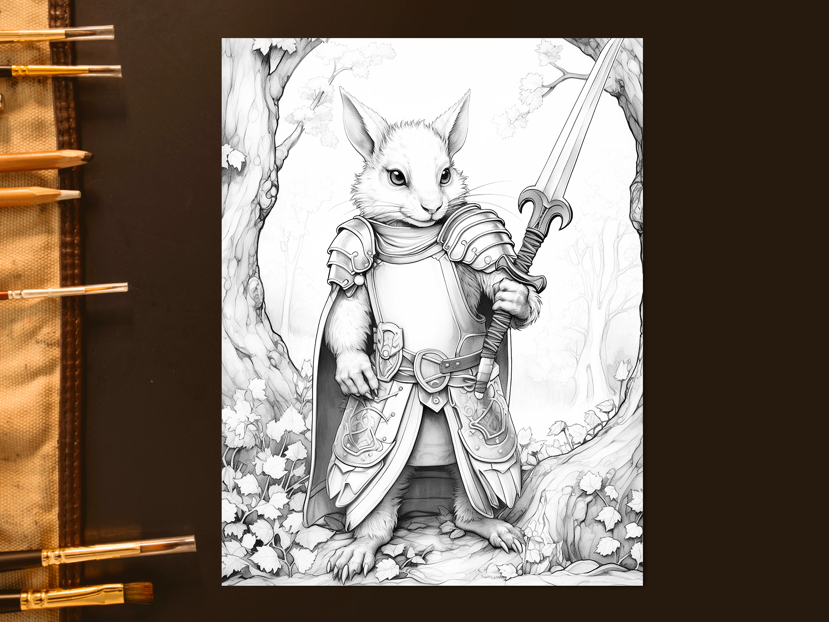 Animal Knights Adult Coloring Pages, Whimsical Grayscale Coloring Book ...