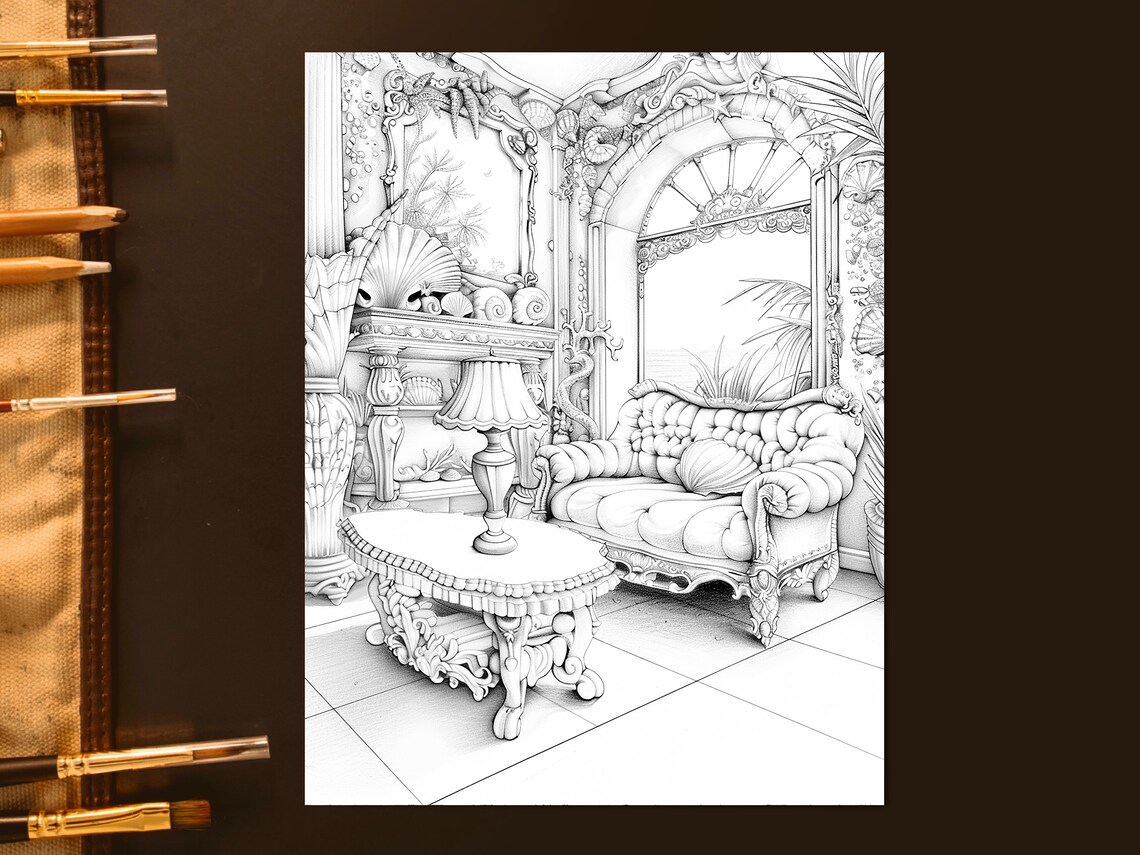 Mermaid Magical Rooms Adult Coloring Pages, Enchanted Interior ...