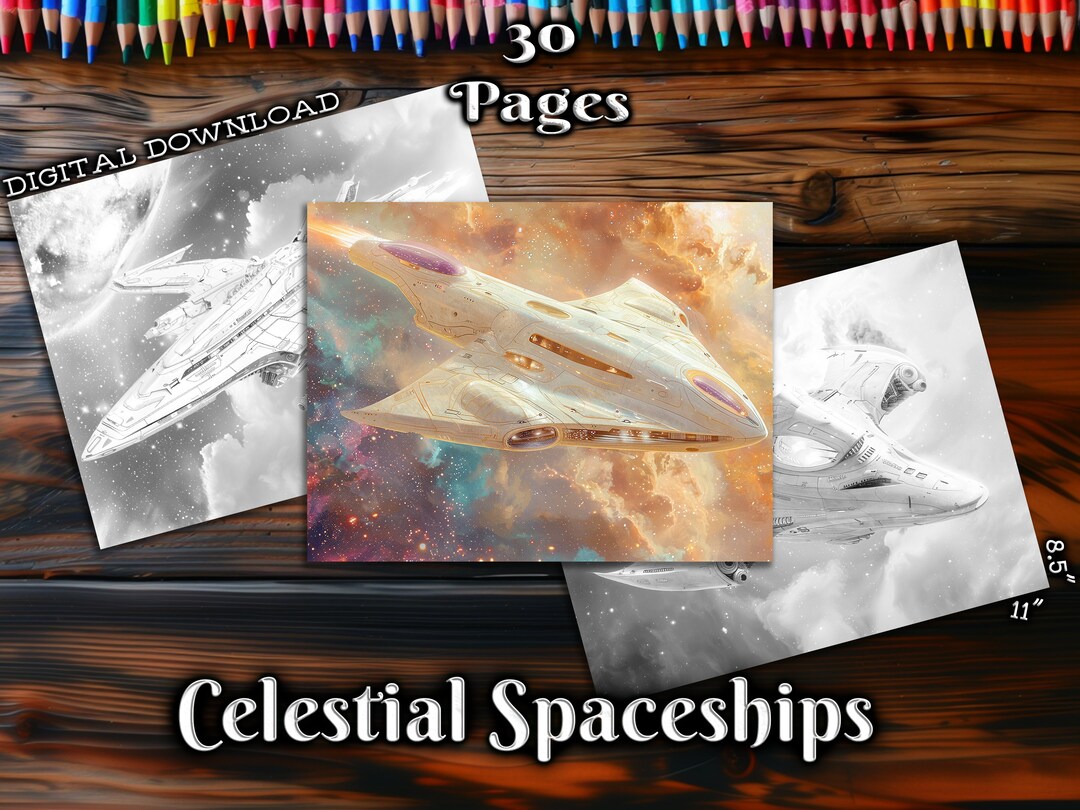 Celestial Spaceships Adult Coloring Pages, Sci-fi Worlds Grayscale Coloring Book, Science ...