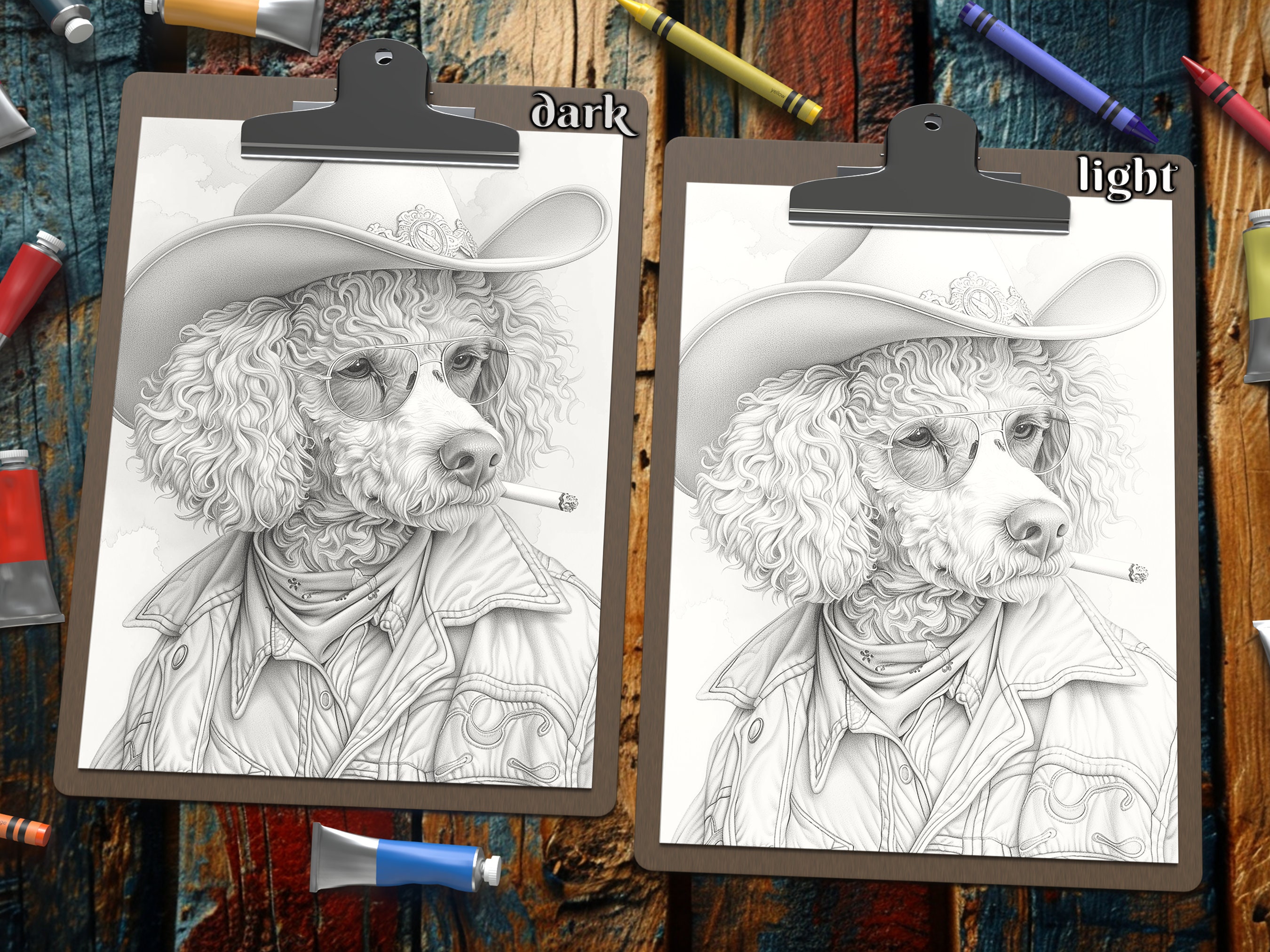 Wild West Pets Adult Coloring Pages, Cowboy Animals Grayscale Coloring ...