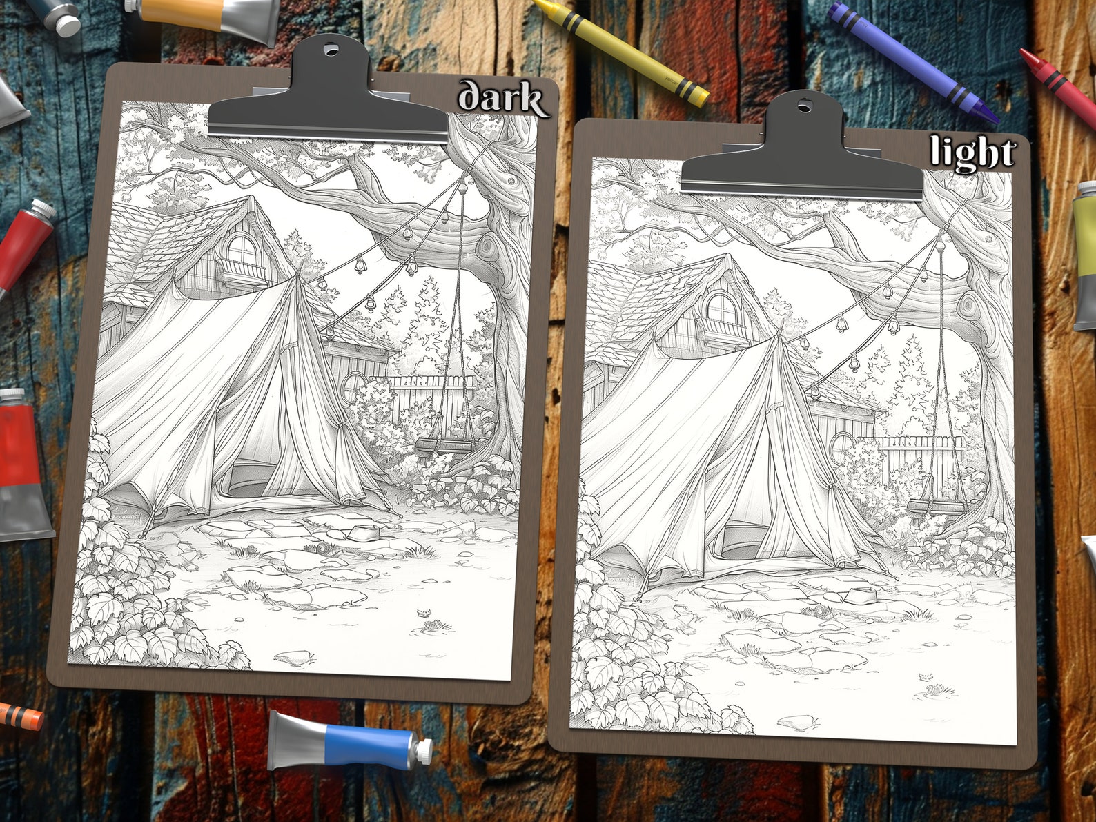 Camping Life Adult Coloring Pages, Nature Landscapes Grayscale Coloring ...
