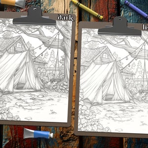 Camping Life Adult Coloring Pages, Nature Landscapes Grayscale Coloring ...