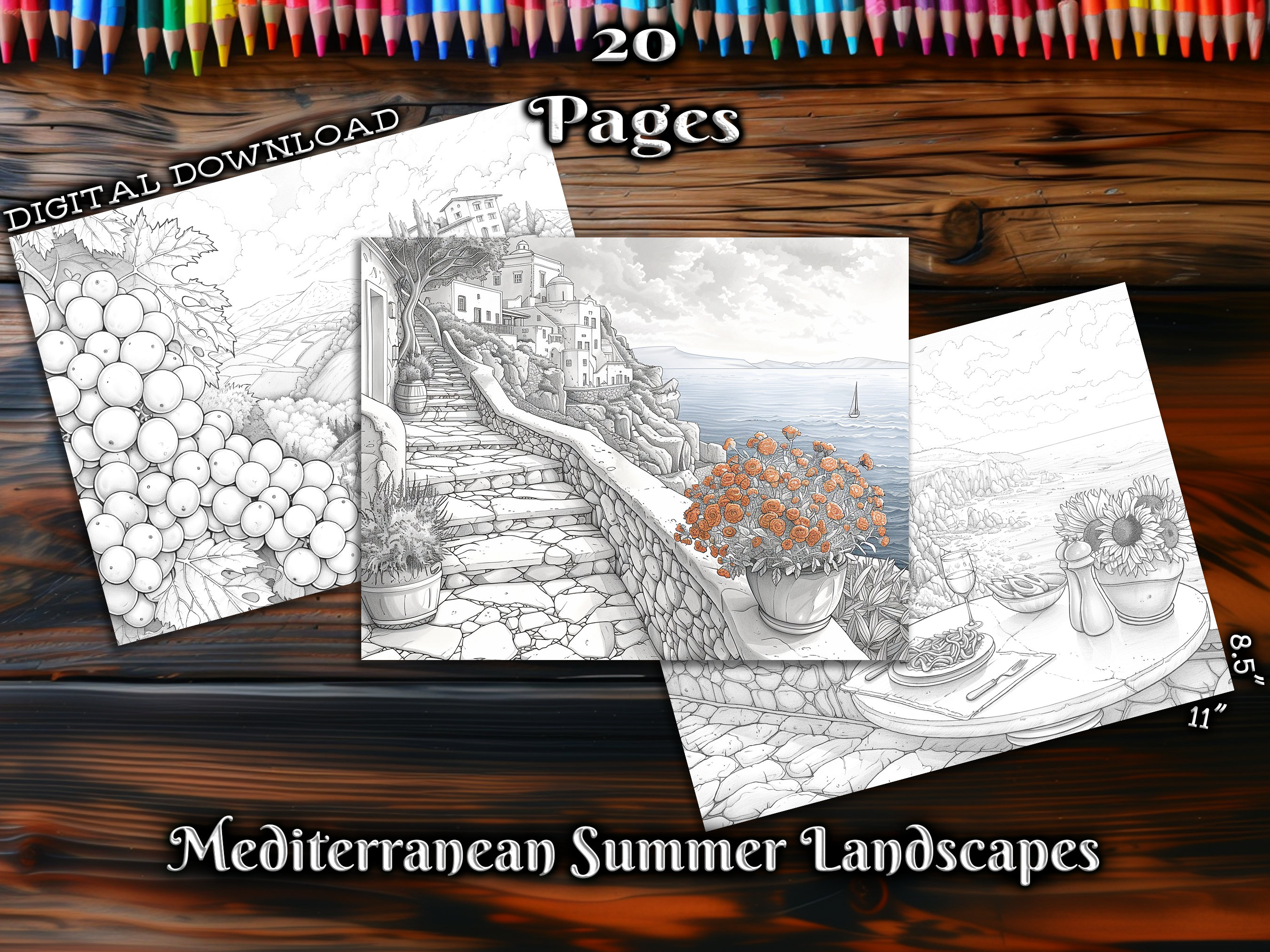 Mediterranean Summer Landscapes Adult Coloring Pages, Nature Scenery ...